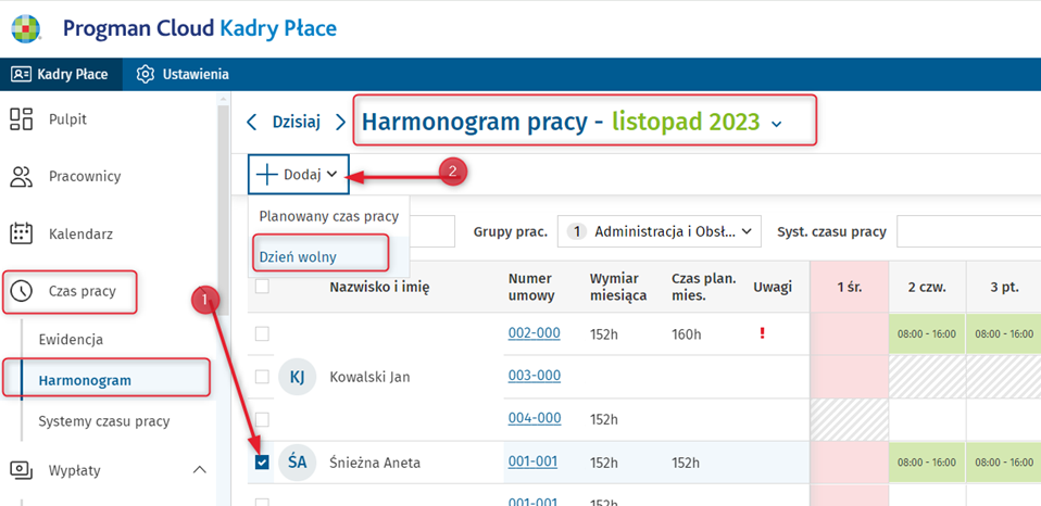 Jak nanieść pracownikowi dzień wolny za święto? - Progman Cloud Kadry ...